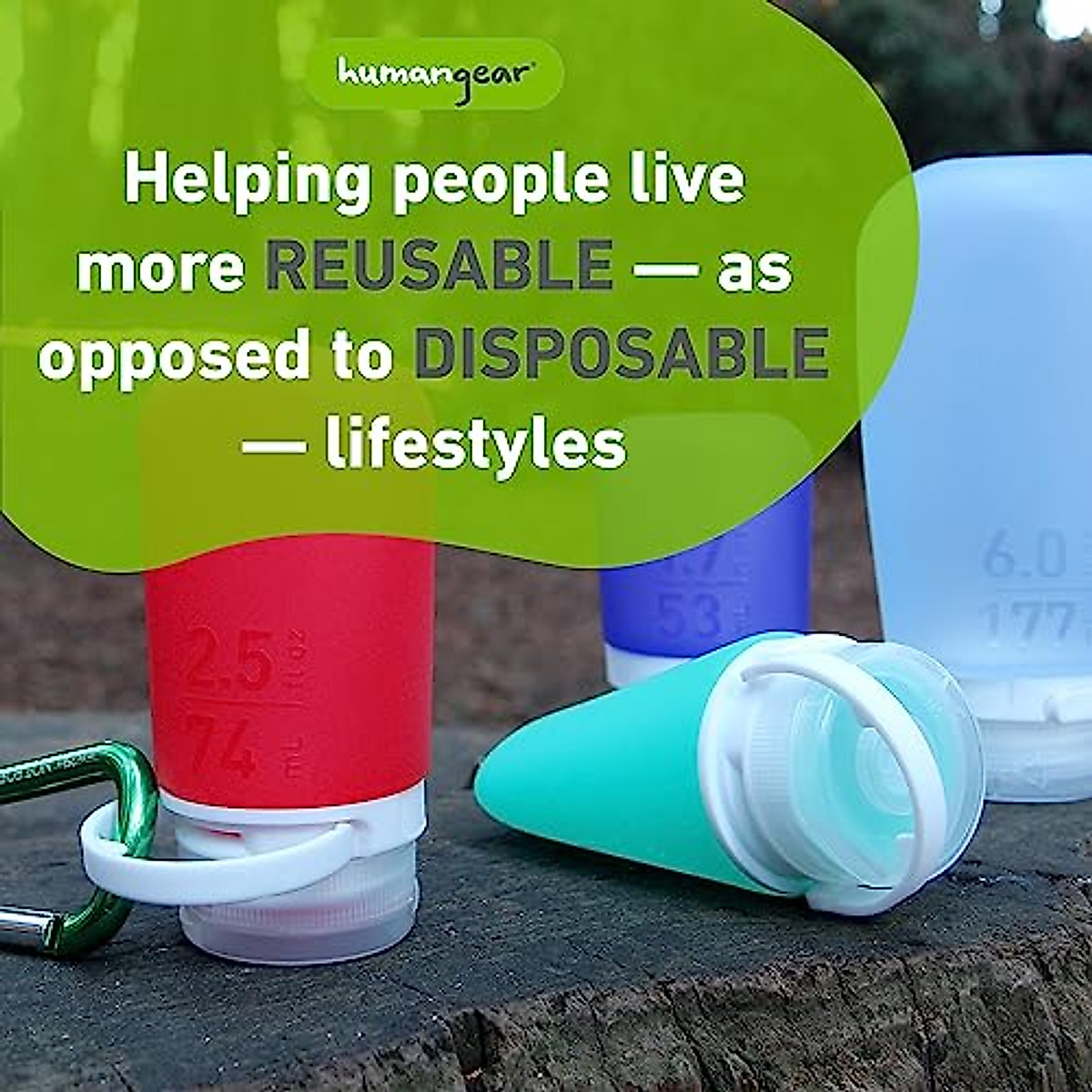 humangear GoToob+ 3-Pack (Small) | Refillable Silicone Travel Bottle | Locking Lid | Food-Safe Material, Clear/Green/Blue, Small (1.7 fl.oz; 53ml)