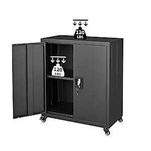 GREATMEET Metal Storage Cabinet with Locking Doors and Adjustable Shelves,31.5" H Steel Storage Cabinet with Wheels for Office,Home,Garage,Classroom Black