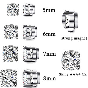 WAINIS 8 Pairs Stainless Steel Magnetic Stud Earrings for Men Women Non-piercing CZ Hypoallergenic Earrings 5-8mm