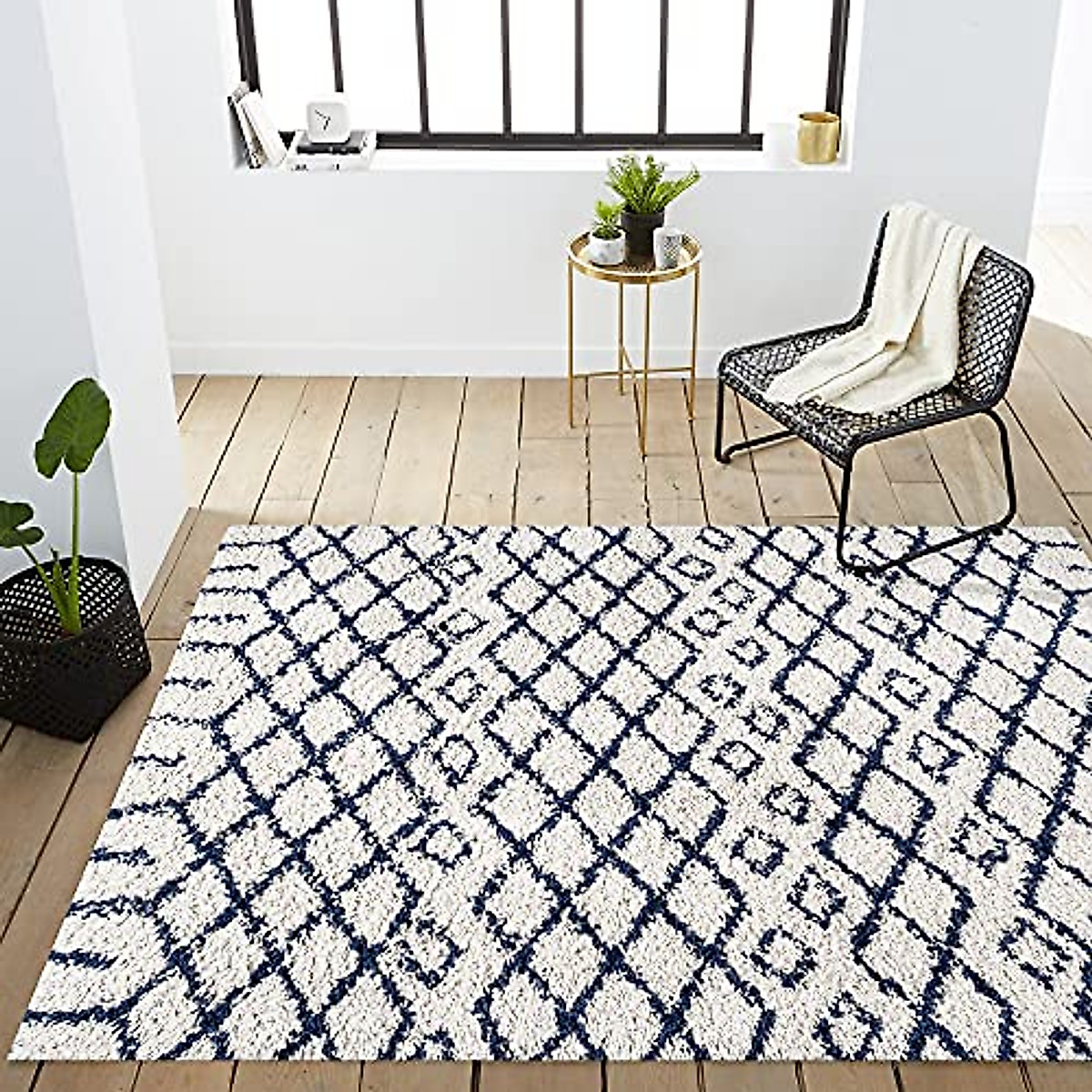 JONATHAN Y SHG104B-8 Sineu Moroccan Diamond Shag Indoor Area-Rug Bohemian Contemporary Modern Geometric Easy-Cleaning High Traffic Bedroom Kitchen Living Room Non Shedding, 8 X 10, Beige/Navy