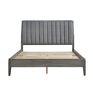 Lexicon California King Bed Frame with Vertical Channel Tufted Velvet Headboard, Modern Bed Frame, Wood Platform Bed, No Box Spring Needed, Easy Assembly, Grey