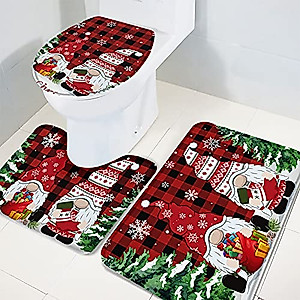 Christmas Gnome 3 Piece Bath Rugs Sets Cute Christmas Gnome Bathroom Mats Set Non Slip Water Absorbent U-Shaped Contour Toilet Mat Xmas Tree Snowflake Red Buffalo Plaid Toilet Lid Cover