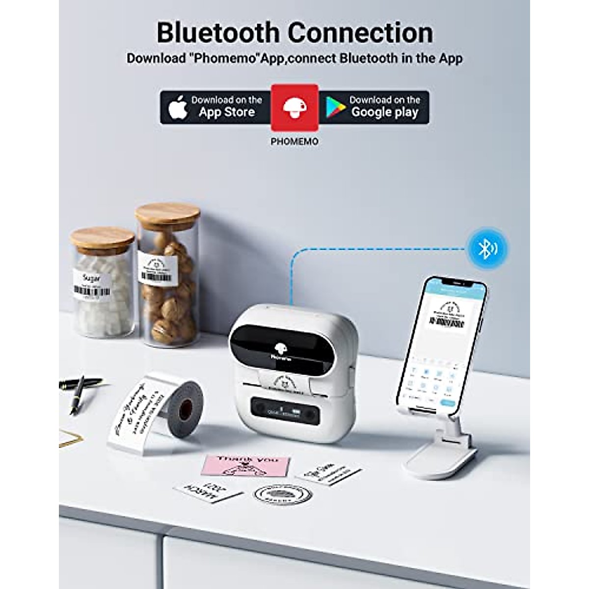 Phomemo Label Maker, Bluetooth Label Printer for Barcode, Address, Home, Mailing, Small Business, Clothing, Portable Label Maker Easy to Use with 3 Rolls Label & Bag