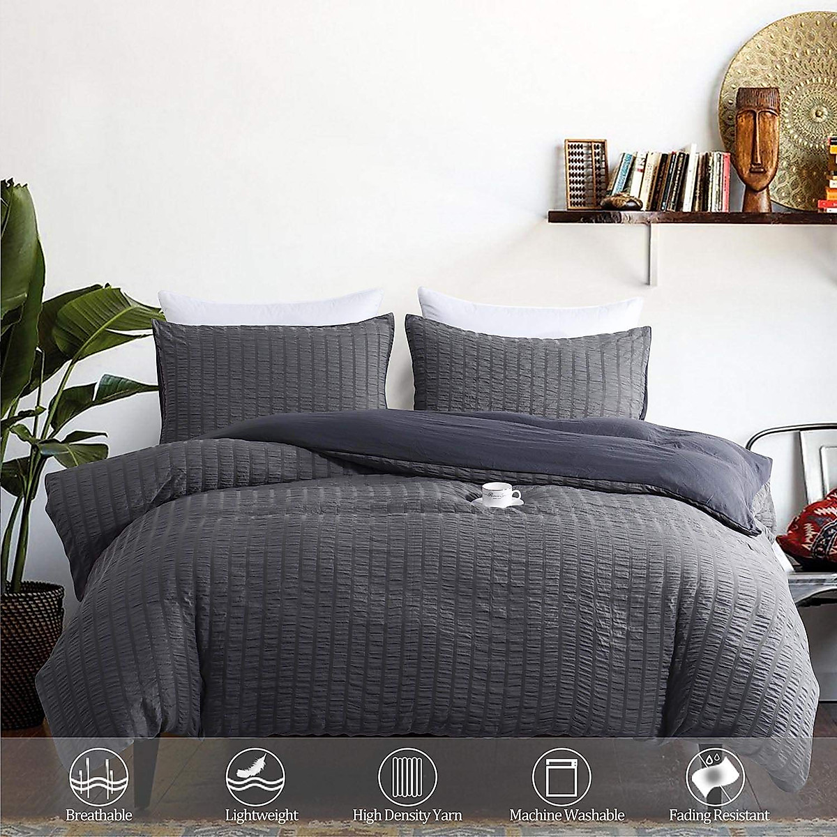Cozyholy Seersucker Duvet Cover Set Queen Size 3 Pieces Dark Grey Textured Bedding Duvet Cover Ultra Soft Lightweight Microfiber Comforter Cover Set with Zipper Closure Corner Ties