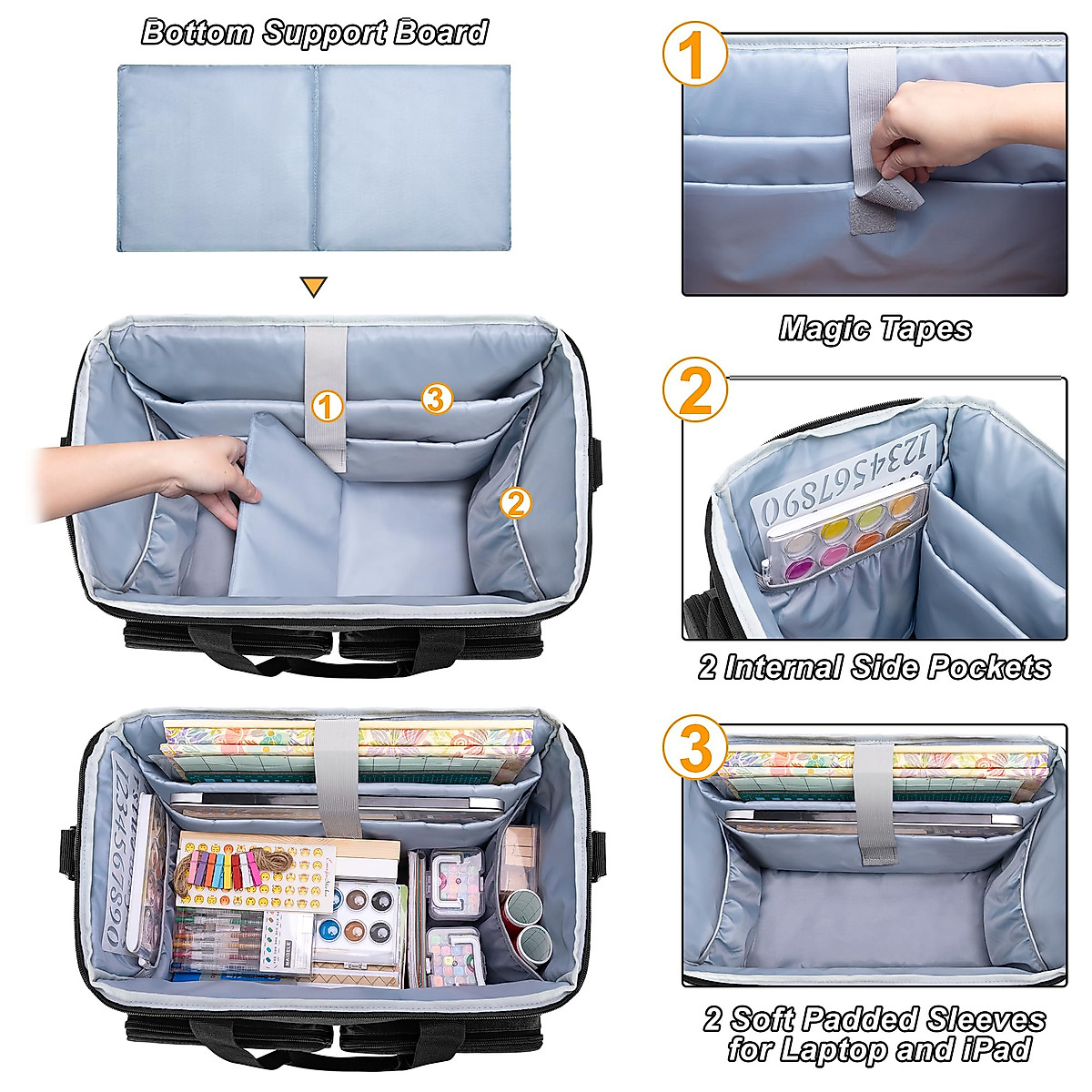 CURMIO Rolling Scrapbook Tote on Wheels, Scrapbook Storage Bag with Detachable Trolley and Bottom Wooden Board, Rolling Craft Bag for Scrapbooking Supplies, Black