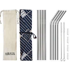 Reusable Straws Set, Stainless Steel Metal with Silicone Tips, Silver, Includes 8 Straws, Silicone Straw Tips + 2 Cleaning Brushes, and 2 Travel Pouches, Draw String Bag and Wrap Bag by AMAVA
