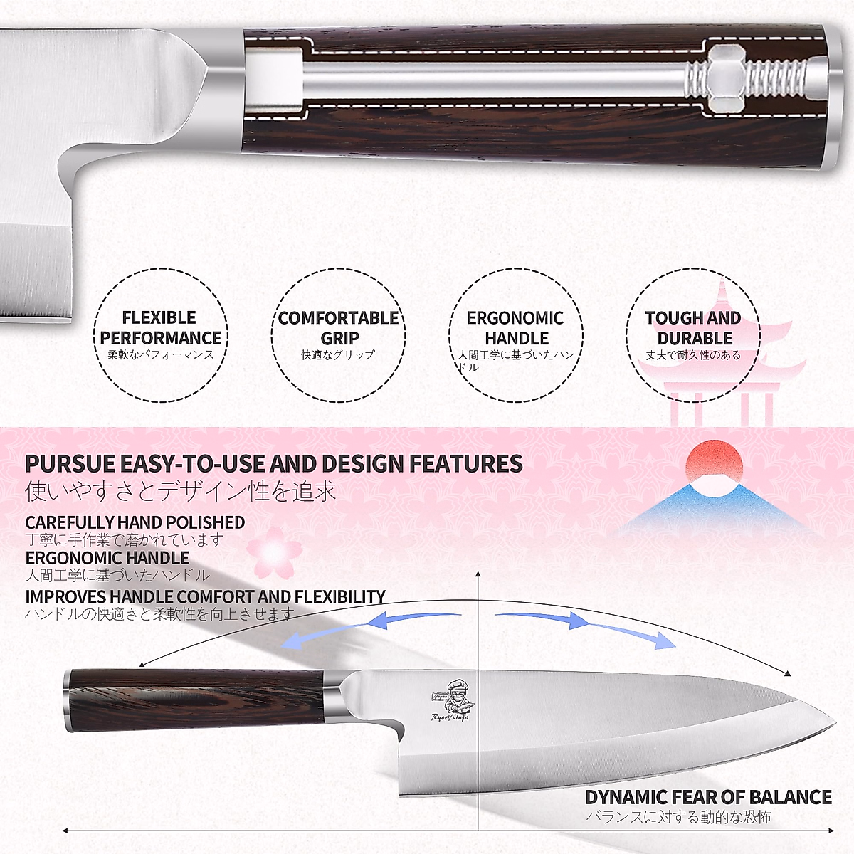 RyoriNinja Dexter Deba Knife 8inch Japanese Steel Kitchen Chef Knife, Professional stainless Steel Fish Fillet Knife for cooking with Gift Box for Men and Women(8 inch)