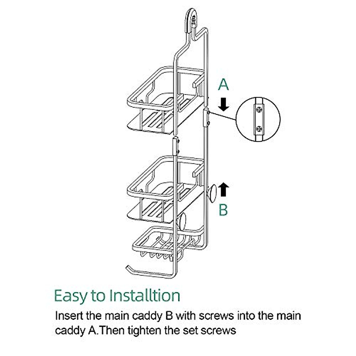 UDENIS Haning Shower Cadddy Bathroom Organizer for Shampoo,Conditioner,Soap,with Hooks for Razors,Towels,Over Shower Head Shelf Aluminum 3Tier black