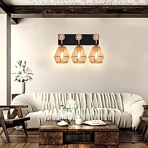 ILLMTW 3-Light Bathroom Vanity Lights Over Mirror,Farmhouse Wood Vanity Light Fixtures for Bathroom,Boho Rustic Adjustable Color with Woven Rattan Wicker Wall Sconces for Hallway Bedroom Living Room