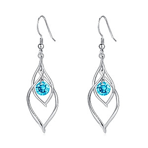 March Birthstone Dangle Drop Earrings - 925 Sterling Silver Aquamarine Double Twist Leaf Linear Swirl Earrings Infinity Blue CZ Birthstone Fishhook Earring, Classic Birthday Jewelry for Women