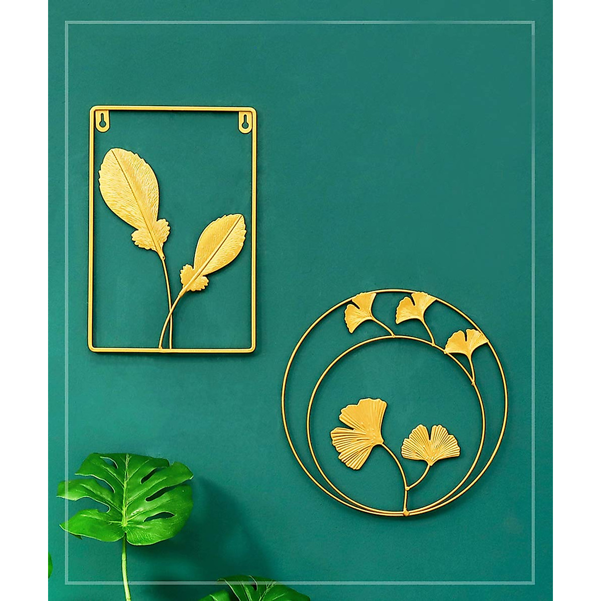 samanoya Iron Wall Sculptures,Metal Round Room Decor and Home Decor with Hanging Leaf Gingko Ornaments Great for Bedroom Hotel Wall Decoration (Gold（Round Square Suit）)