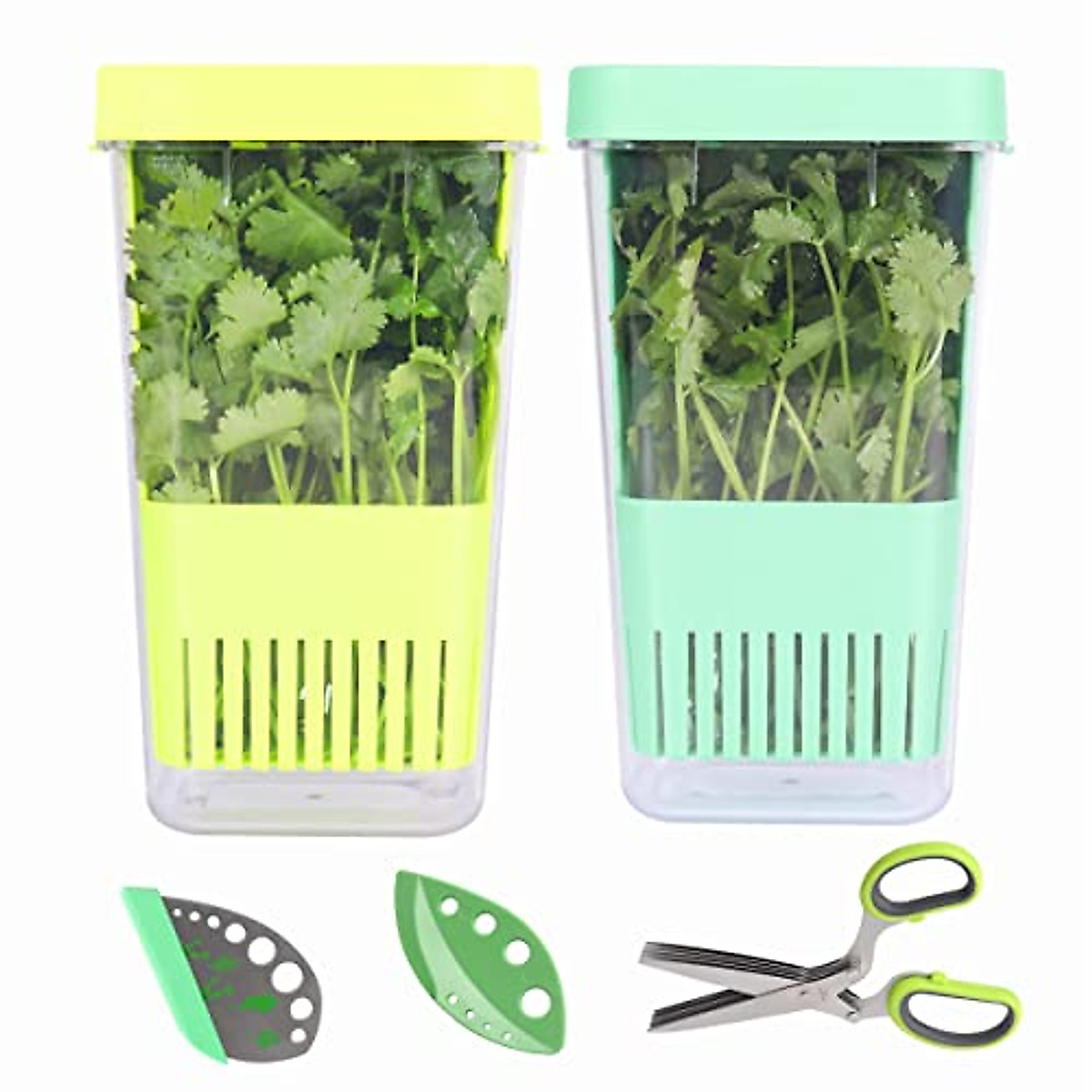LUVCOSY Herb Keeper Set: 2 Pack Herb Saver+1 Pack Herb Scissors+2 Pack Herb Stripper, BPA-Free Plastic Herb Container for Cilantro, Mint & Asparagus, Keeps Fresh Herbs for 3 Times Longer