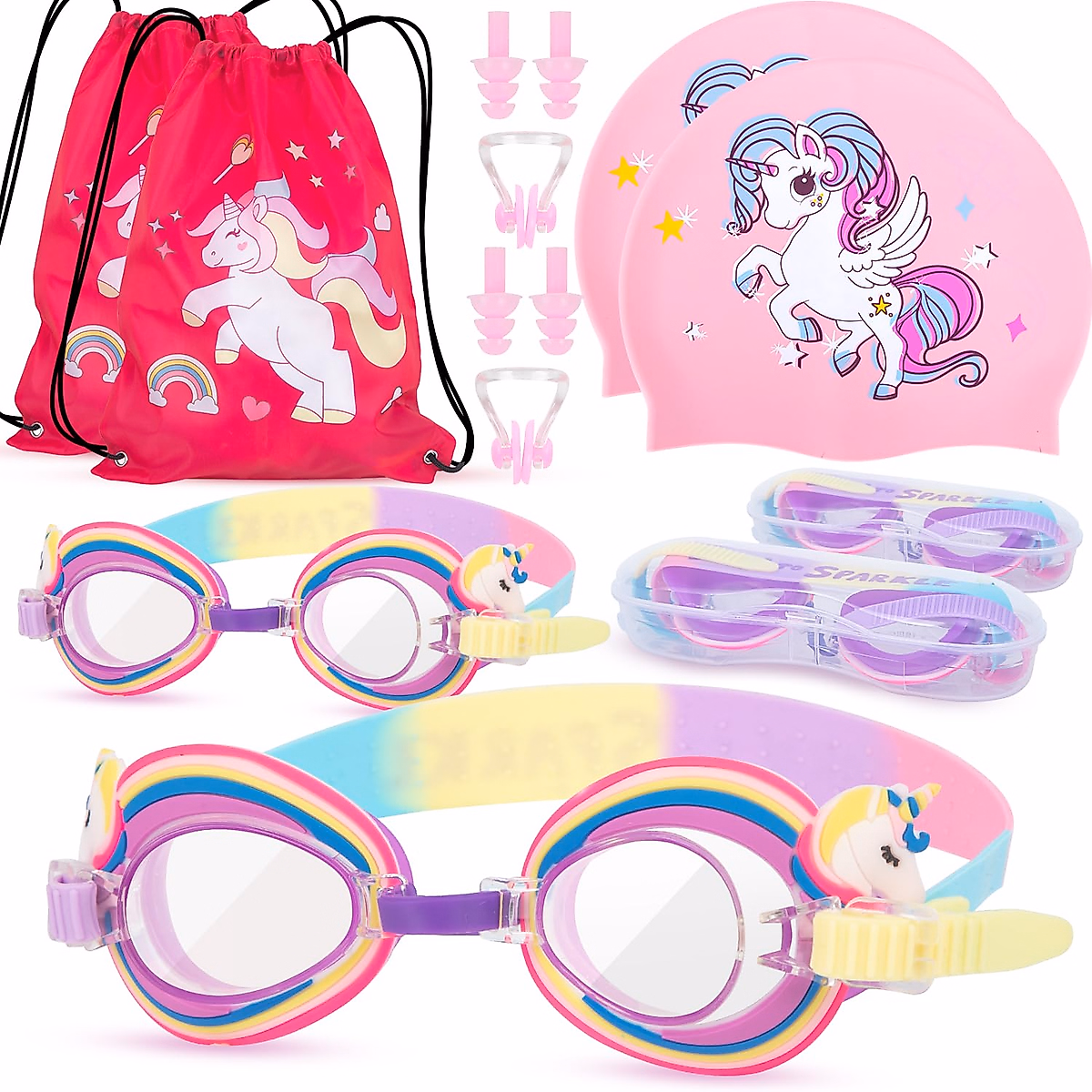 foci cozi 8PCS Unicorn Kids Swim Goggles Set,FOZI COZI Swim Goggles for Kids 6-14,Kids Goggles for Swimming 4-7(Includes Swim Cap,Nose Clip,Earplugs & Storage Bag) (FC-052023-001)