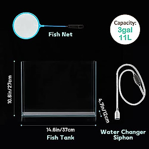 LAQUAL 3 Gallon Ultra Clear Glass Fish Tank, Rimless Low Iron Aquarium for Betta/Nano/Goldfish/Snail/Shrimp, Small Fish Tank with Fish Net & Cleaning Tools