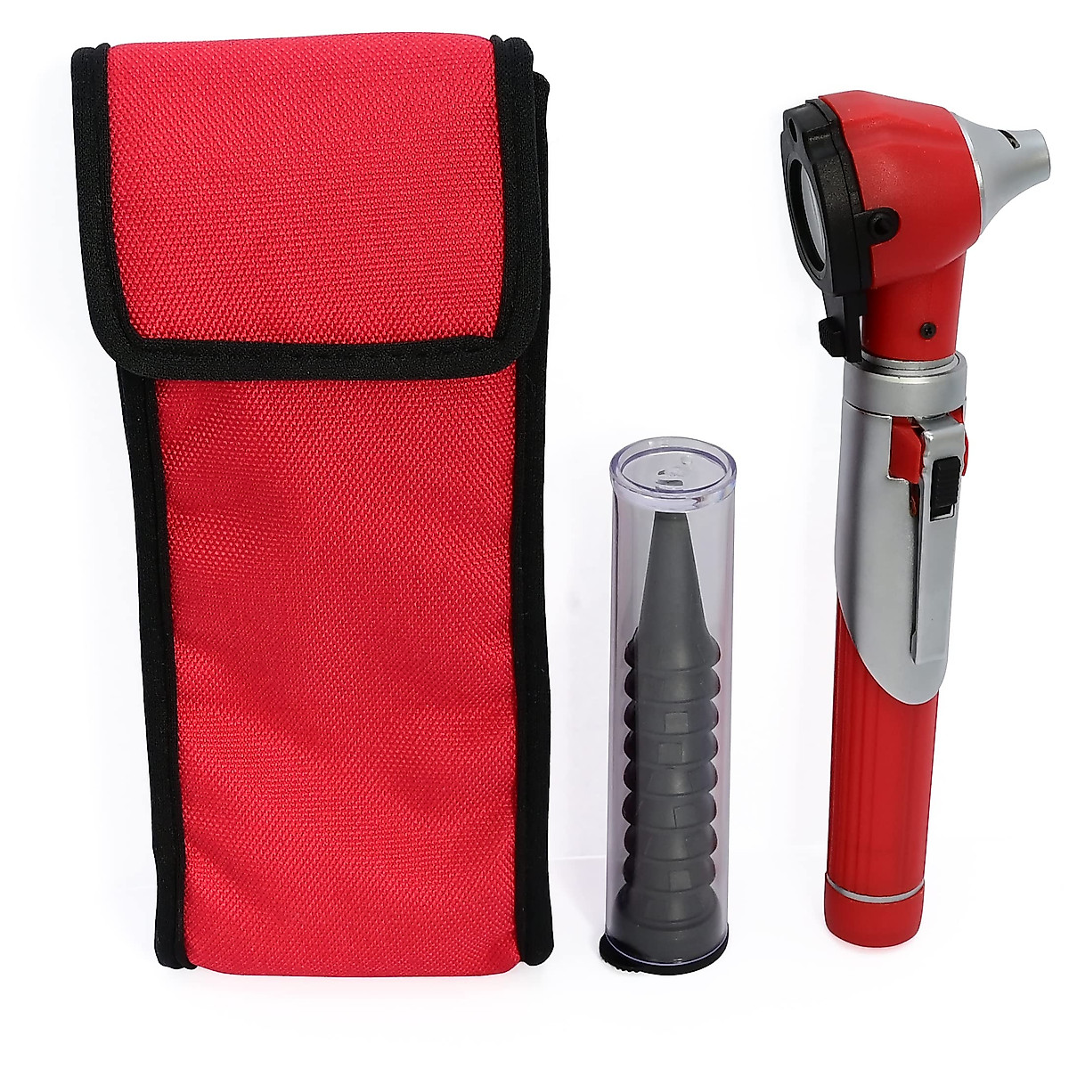 OdontoMed2011 Otoscope - Portable Ear Light and Exam Kit for Home and Professional Use - 3X Magnifying Fiber Optic Scope with Spare Tips, Bulb, and Carrying Case - Pocket Diagnostic Equipment (Red)