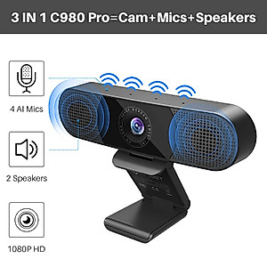 EMEET 3 in 1 Webcam - 1080P Webcam with Microphone and Speakers, Noise Reduction, Auto Low Light Correction W/Cover, C980 Pro USB Camera Webcam 65°-90° for Video Conferencing Streaming/Gaming/Class