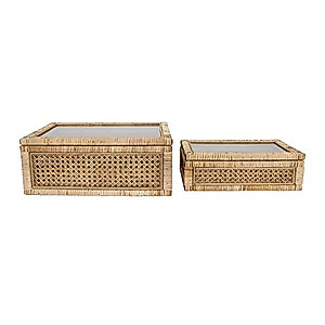 Creative Co-Op Cane and Rattan Display Boxes with Glass Lid, Set of 2