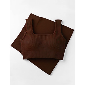 ABOCIW Womens Ribbed 2 Piece Outfits Shorts Sets Removable Padded Tank Crop Top and Seamless High Waist Running Biker Shorts Sets Activewear Brown Small