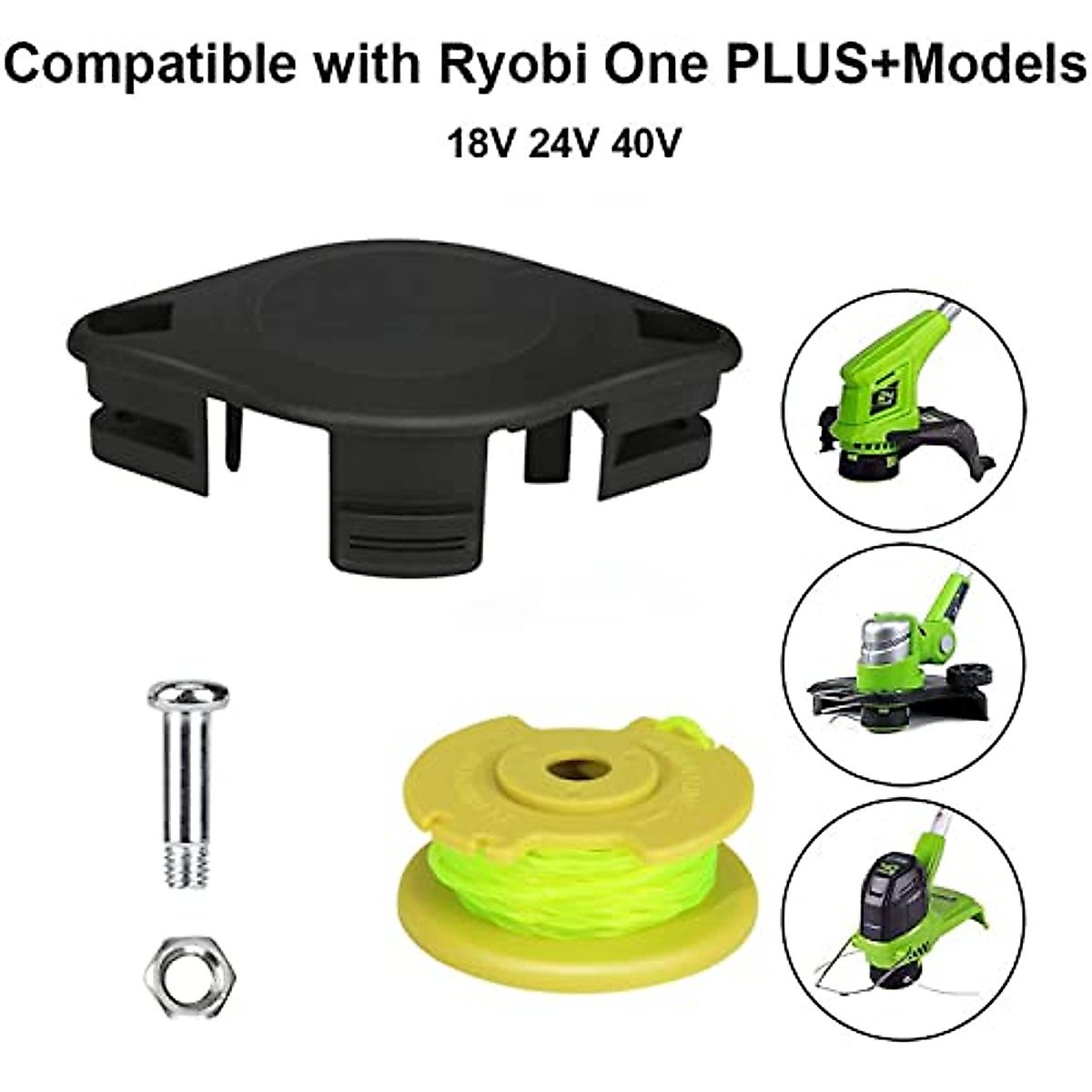 Eyoloty ACFHRL2 Polycarbonate Blades Head,AC14RL3A & AC80RL3 Spool Line Compatible with Ryobi 18V 24V 40V RY40210 RY40210A String Trimmers,with AC14HCA Cap Cover and Ryobi Trimmer Parts (18 Pack)