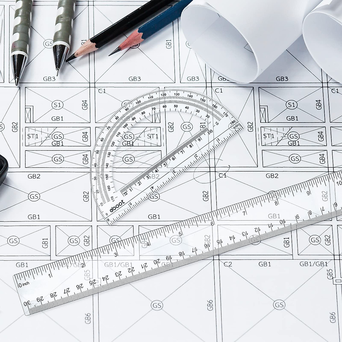 Zonon 2 Pack 12'' Plastic Ruler and 6'' Plastic Protractor Set Clear Ruler Protractor Set Math Geometry Supplies for School Classroom Home Office Drawing(Clear)