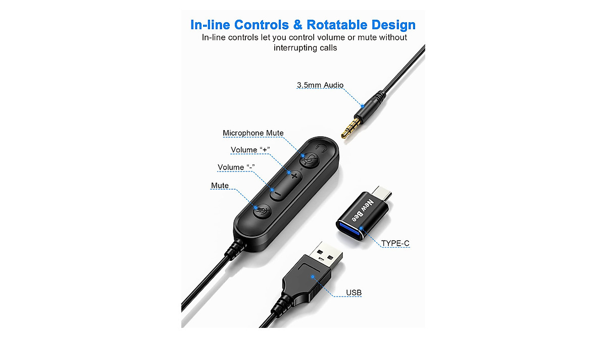 New bee USB Headset 270° Rotatable Microphone Computer Headset in-line ...