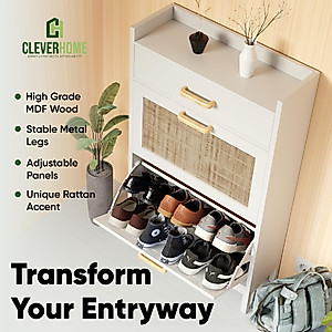 CleverHome Wood Hidden Shoe Rack - Narrow Shoe Cabinet with Drawer, 2 Tilting Shoe Organizer & Shelf - Rattan Shoe Storage Cabinet for Entryway, Nonslip Shoe Dresser- Bundle Below w/Improved Screws