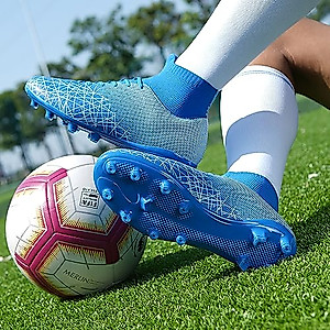 KouAzAz Kids Soccer Cleats Boys Girls Athletic Sport Shoes Outdoor Indoor Firm Ground Comfortable Football Shoes Blue
