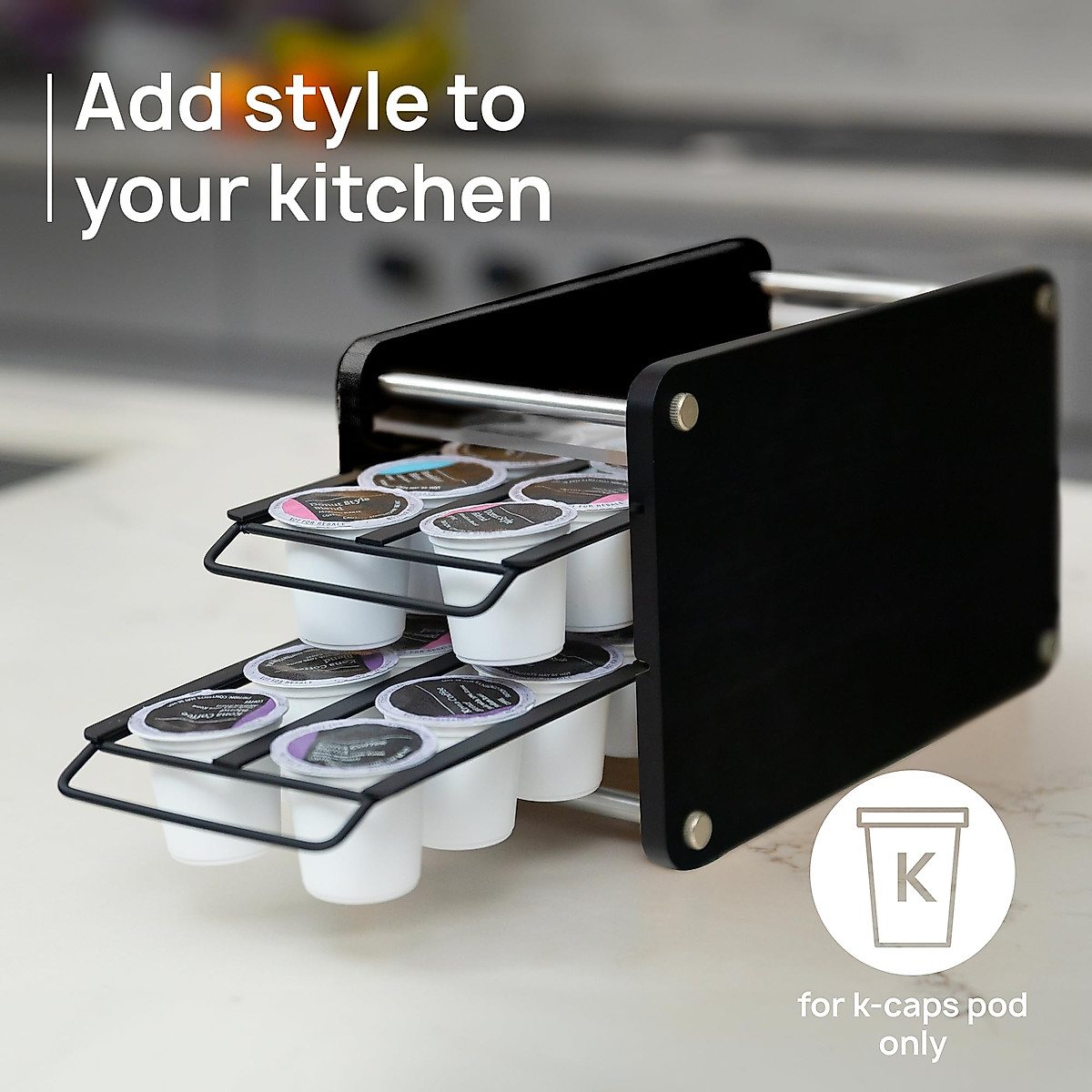 Ibyx Сoffee Pod Holders for K Cups - 2 Tier Coffee Pod Sliding Drawer for 20 K Cups Storage Capacity - Elegant Plexiglass Top and Metallic Coffee Pod Rack - Kitchen Counter Organizer (Black)