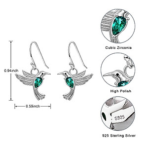 WOUOVO S925 Hummingbird Drop-Dangle Earrings - Waterdrop Flower Bird Eearring with Green Spinel Crystal Stone Mothers day Gifts for Mom and daughter (Green CZ hummingbird)