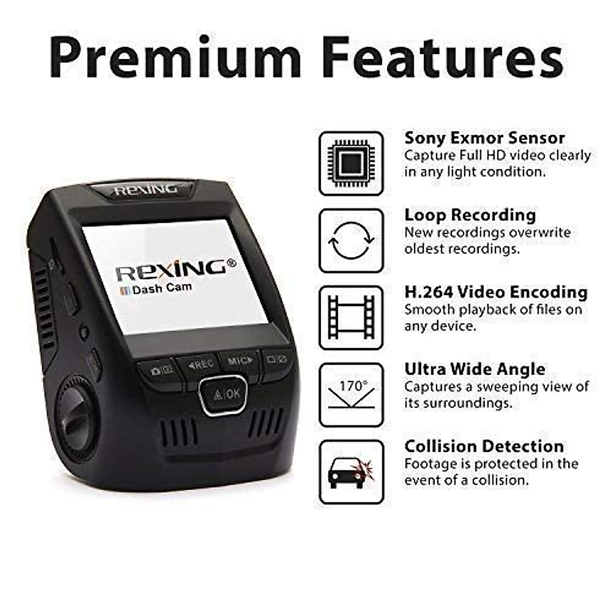 Rexing V1 Basic Dash Cam 1080P FHD DVR Car Driving Recorder, 2.4" LCD Screen 170°Wide Angle, G-Sensor, WDR, Parking Monitor, Loop Recording