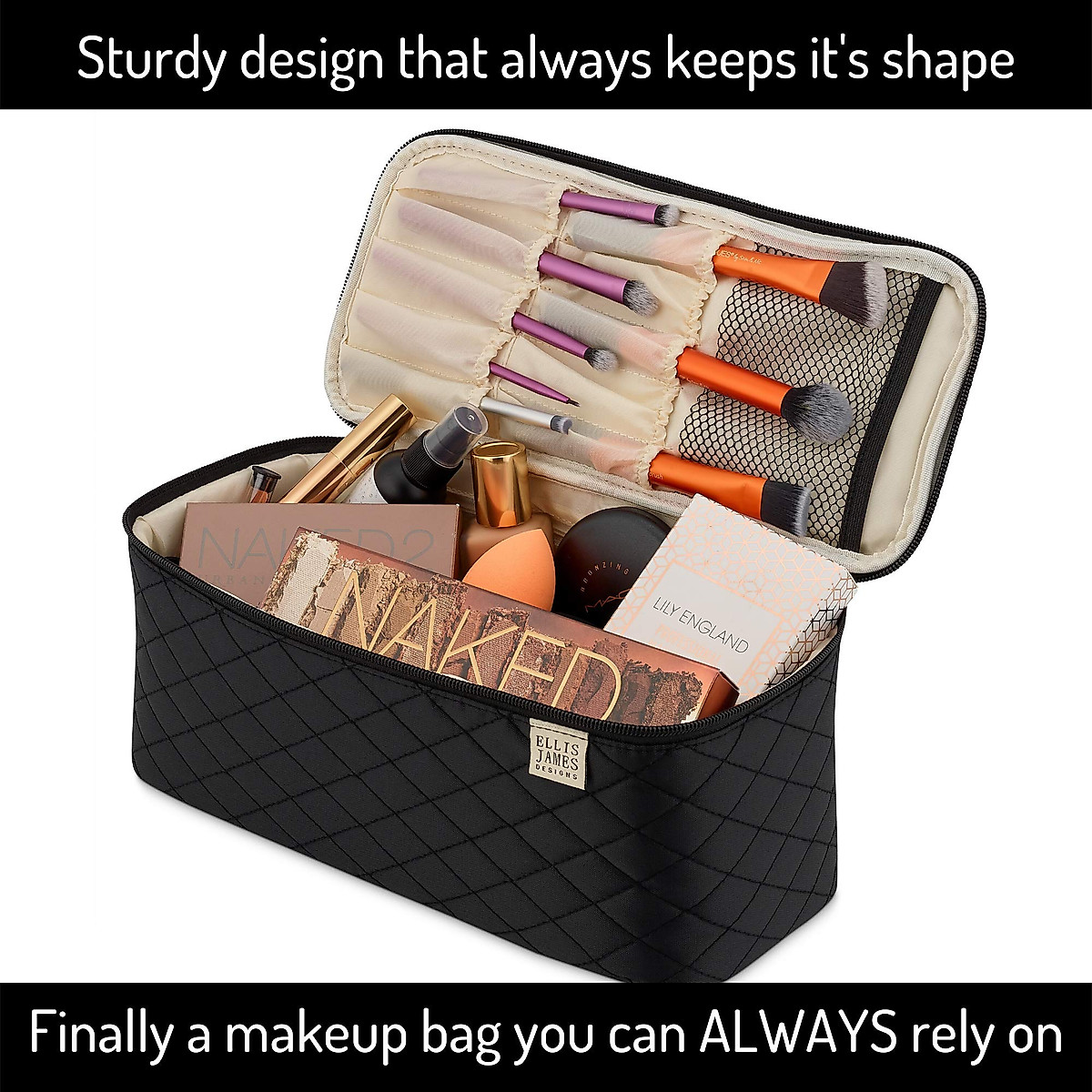 Ellis James Designs Large Travel Makeup Bag Organizer - Cosmetics Train Case Toiletry Bags for Women - Black - With Handle & Make Up Brush Holders - Professional Hair Dryer Cases & Beauty Storage