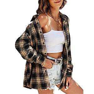 Zontroldy Womens Flannel Plaid Shirt Oversized Fashion Button Down Shirts Blouse Shirts Tops(0355-Khaki-L)