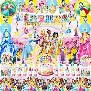Princess Party Decorations - Princess Birthday Decorations include Banner Tablecloth Backdrop Ballons Cake Cupcake Toppers Tableware Haning Swirls, Princess Birthday Party Supplies