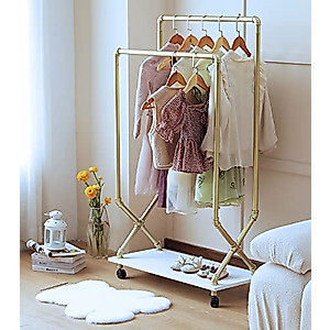 Child Clothes Rack, Kids Garment Rack Armoire Dress-up Closet, Rolling Pipe Open Clothing Rack with Wood Storage Shelf, Industrial Modern Kids Wardrobe Costume Organizer Center with 2 Hanging Rods