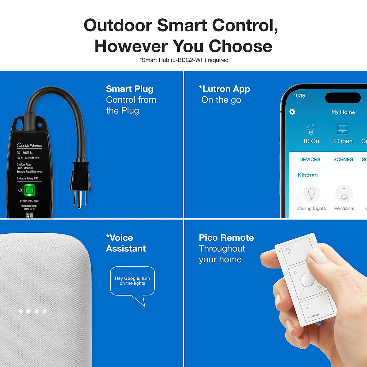 Lutron Caséta Weatherproof+ Outdoor Smart Plug On/Off Switch | Works with Alexa, Google Assistant, Ring, Apple HomeKit (smart hub required) | for Landscape and String Lighting | PD-15OUT-BL | Black