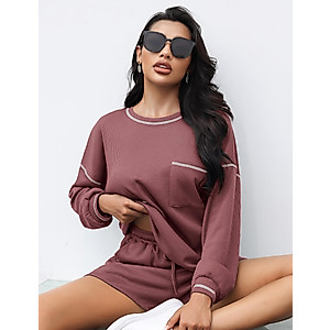 Andeip Lounge Set for Women Two Piece Long Sleeve Waffle Pjs Set Contrast Stitching Pajama Sets Red L