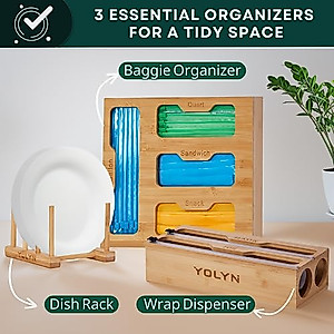 YOLYN Ziplock Bag Organizer & Plastic Wrap Dispenser with Cutter - Bamboo Kitchen drawer organizer, Foil & Food Bag Storage Organizer Compatible with Gallon, Quart, Sandwich and Snack Bags