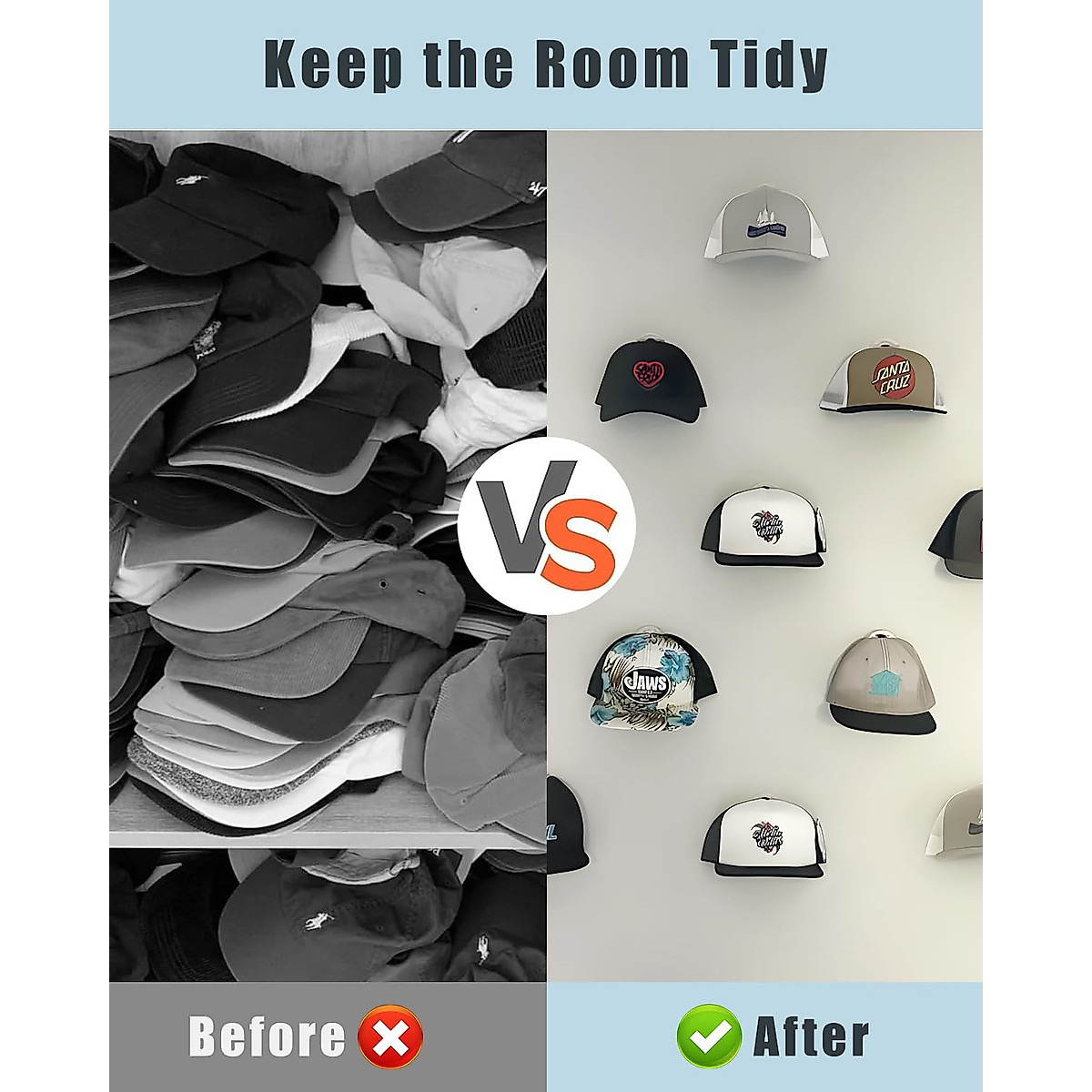 Adhesive Hat Hooks for Wall, Baseball Caps Strong Holdr, Ball Cap Hanger Wall Mount, Hat Display Rack, Hat Organizer Accessories, Clear 8-Pack