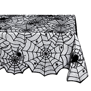 LuoluoHouse Black Lace Tablecloth 54x72 Inch Halloween Tablecloths Spider Cobweb Table Cover for Masquerade Dinner Party Scary Movie Nights Table Decorations