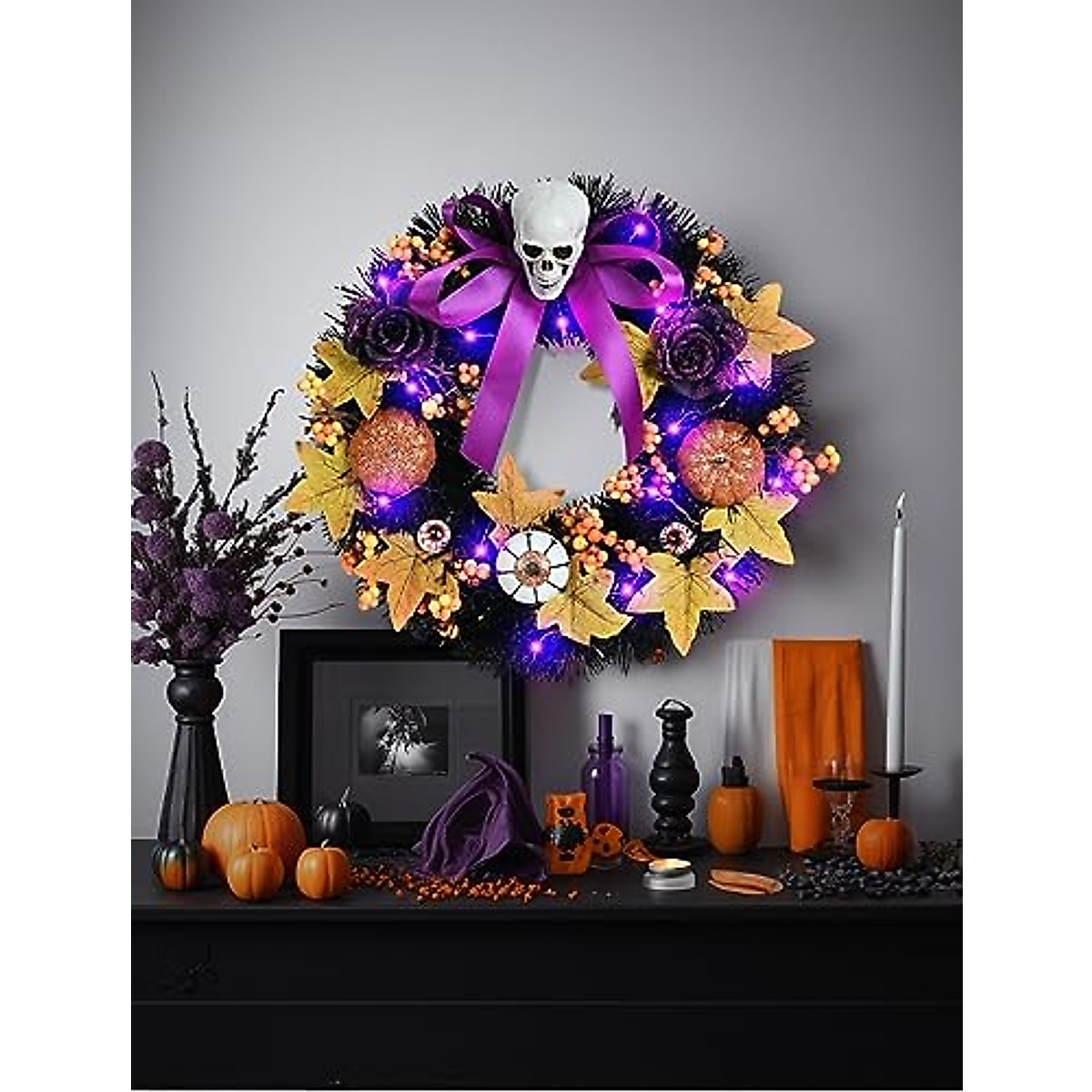 Halloween Skull Wreath,Halloween Wreaths with 20 LED Purple Lights, Skeleton Glitter Pumpkins Maple Leaf Terrifying Eyeball, Front Door Wreath for Indoor, Outdoor, Home, Party Decoration