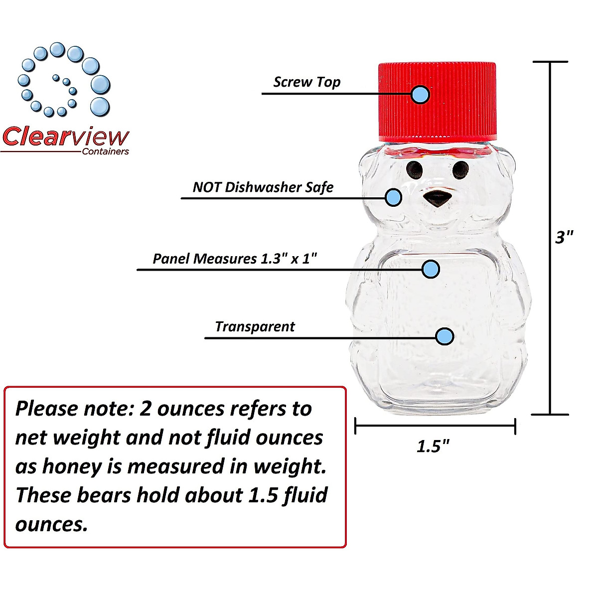 CLEARVIEW CONTAINERS | 2 Ounce Honey Bears with Screw Top Lid | Perfect for Holidays, Baby Shower Gifts, Beekeeping, Honey Dispensing (2 Ounce Bears, 24 Pack, White)