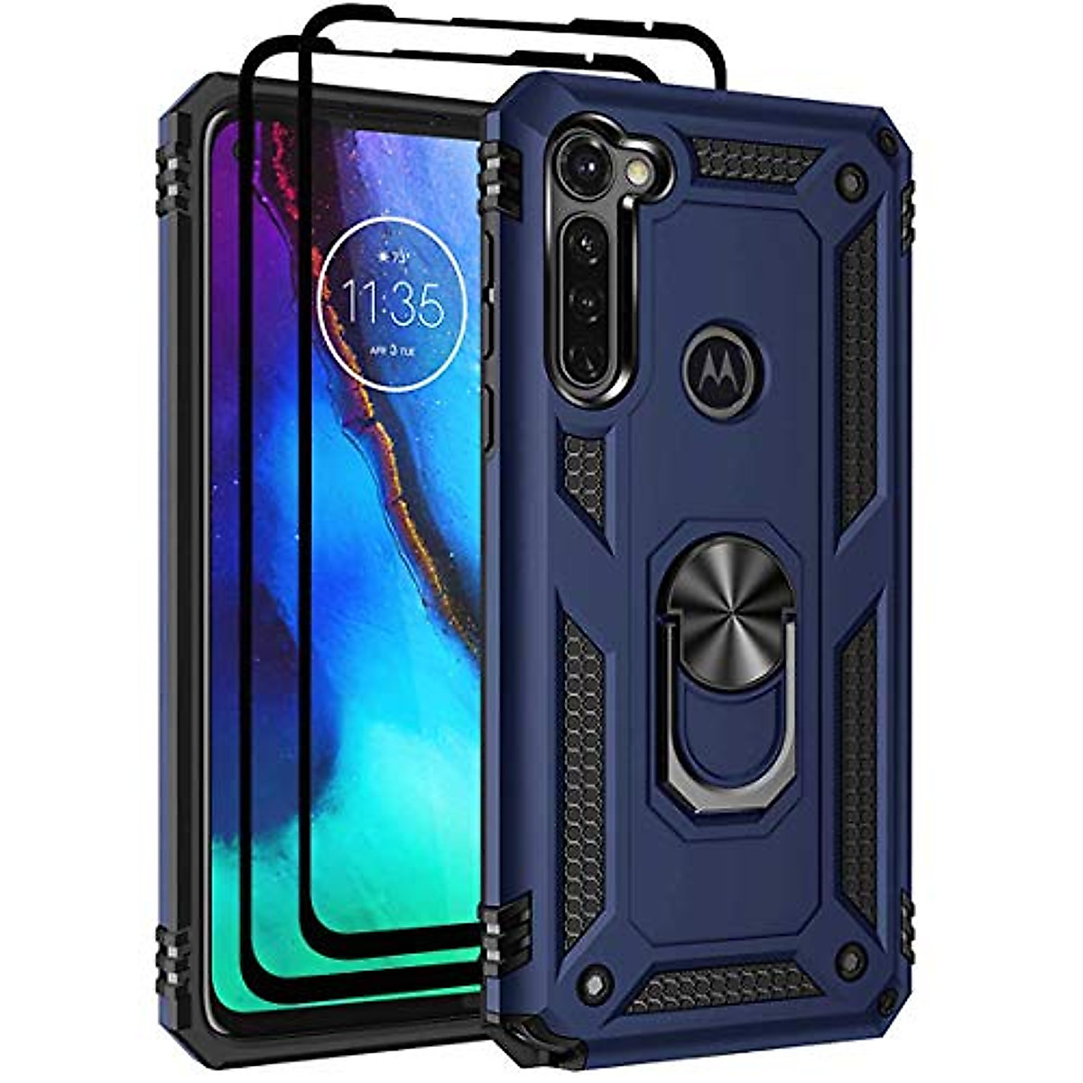 Leychan Compatible with Moto G Stylus 2020 case, Moto G Pro case, Military Grade Rugged Anti-Scratch Heavy Duty Shockproof 360°Rotating Ring Kickstand Case Cover Fit for Magnetic Car Mount (Navy)
