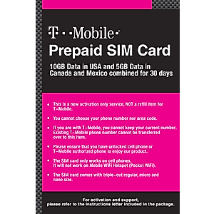 Canada, Mexico and USA Prepaid SIM Card T-Mobile 10GB 4G LTE Data in USA and 5GB Data in Canada and Mexico with Unlimited Talk and Text Among and Within Canada, Mexico and USA for 30 Days