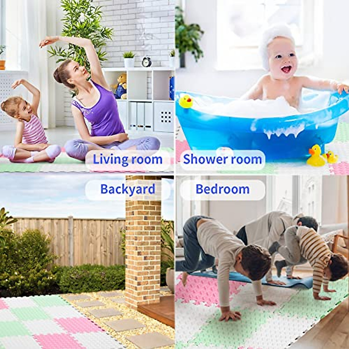 Tamiplay 16 Tiles Foam Play Mat, 0.4 Inch Thicked Interlocking Floor Mats with Solid Colors, Squares Baby Play Mat, EVA Foam Puzzle Floor Mat Foam Mats for Kids, Baby, Toddlers(White/Pink/Bean Green)