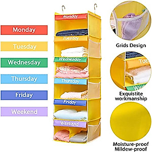 CLUQMEIK Kids Closet Organizers and Storage, Weekly Hanging Clothes Organizer, 6 Shelves with Side Mesh Pockets, 41.7"x12"x12", Yellow, Days of The Week Clothing System, Monday Through Friday