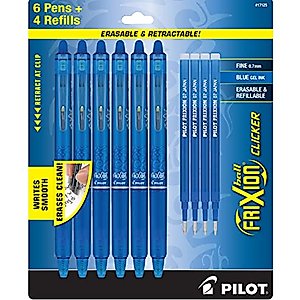 Pilot Frixion Erasable Pens - 6 Pack of Blue Ink Pens + 4 Bonus Refills - Frixion Clicker Erasable Pens Retractable Gel Ink Pen - Fine Point 0.7 mm Used for Rocketbook & Notebook