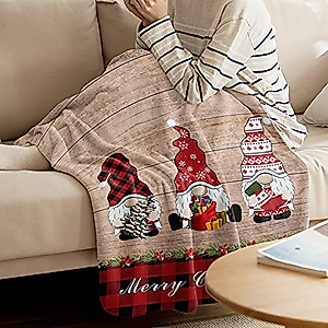 Flannel Fleece Throw Blankets for Bed Couch, Merry Christmas Cute Gnome on Retro Wooden Boards Bed Blanket Cozy Lightweight Warm Blankets,Soft Flannel Blanket for All Season, 39x49Inch