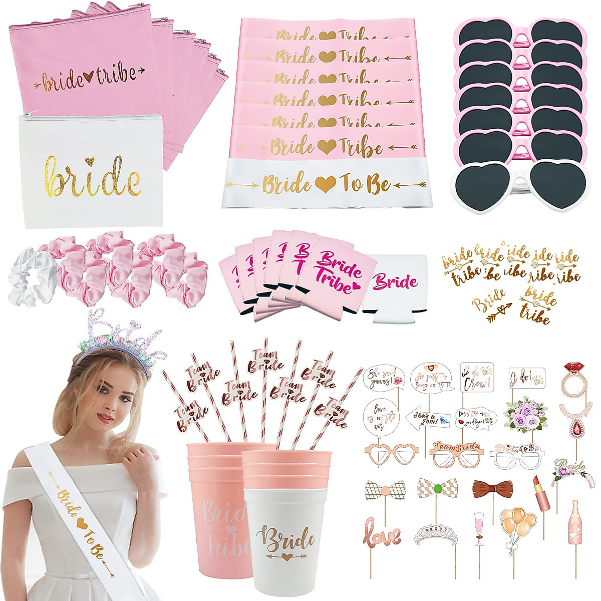 HYOWCHI Bachelorette Party Favors - Bachelorette Party Decorations Include Bride Sash, Sunglasses, Makeup Bags, Cups, Koozies, Photo Props, Headband, Scrunchies, Bridal Shower Decorations Supplies