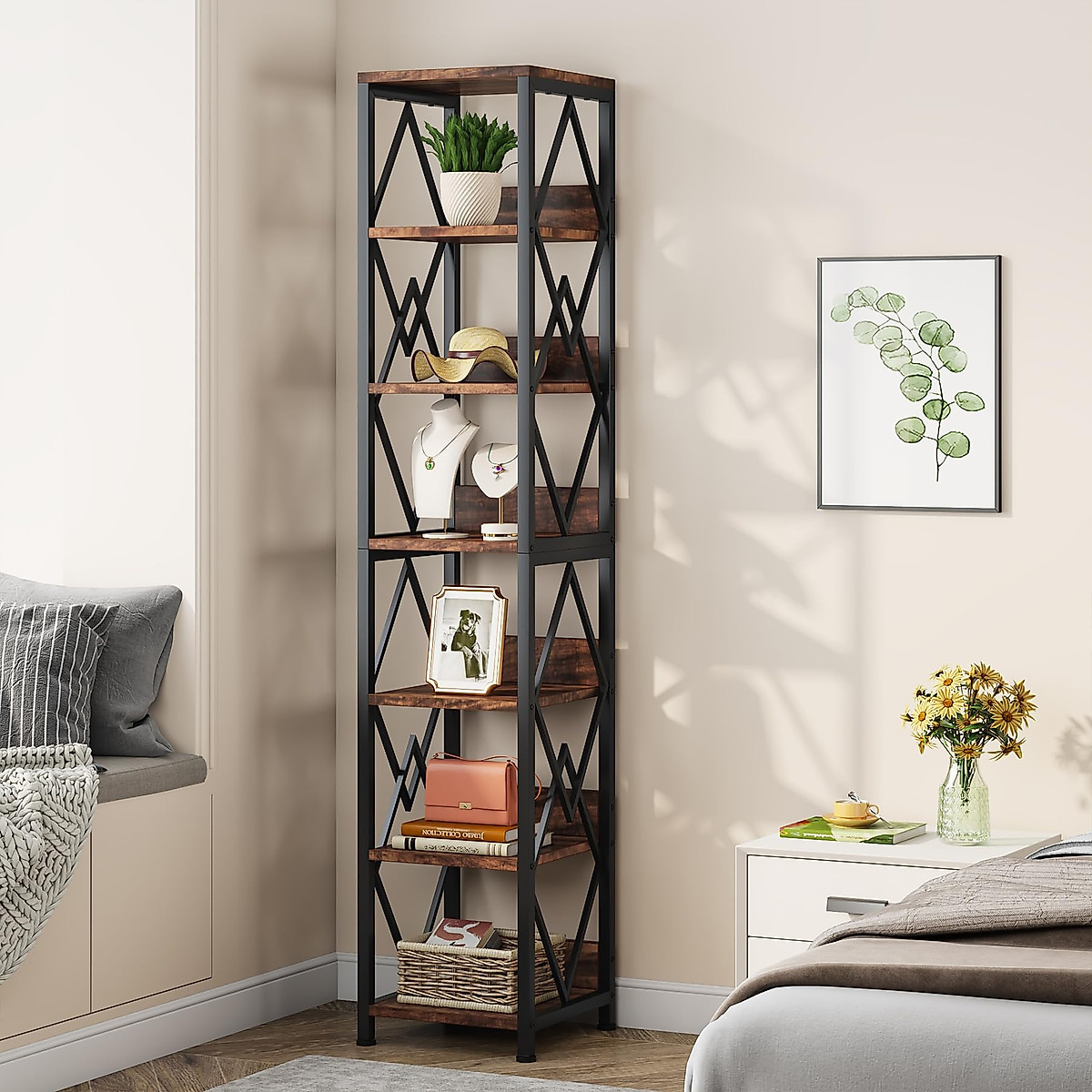 Tribesigns 6-Tier Bookshelf Storage Shelves: 75 Inches Tall Narrow Bookcase with Heavy Duty Metal Frame, Skinny Open Storage Display Rack for Living Room, Bedroom, Kitchen, Bathroom, Brown