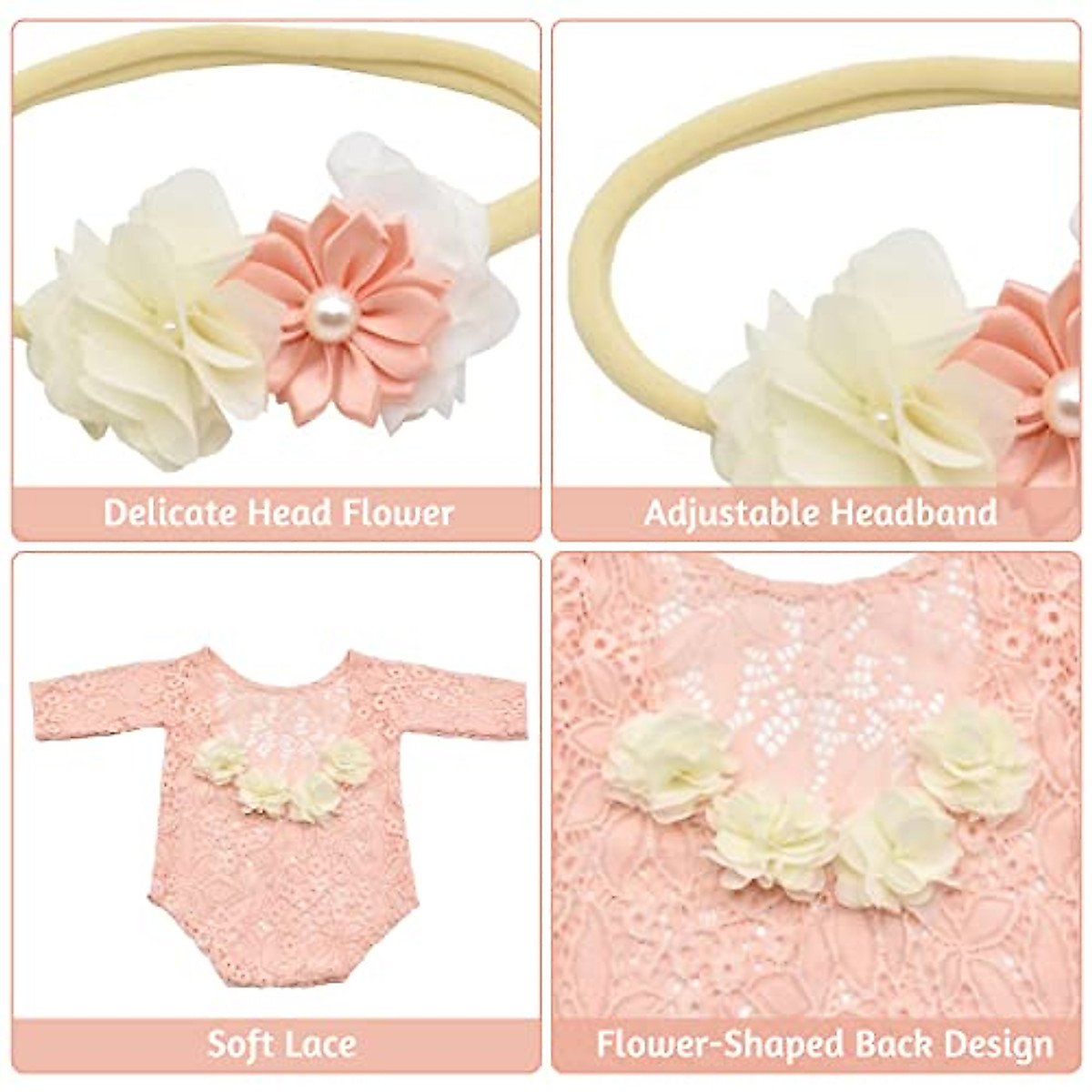 Yuehuam Newborn Girl Photography Outfits Cute Lace Rompers Photography Props with Flower Headband Baby Photo Props Bodysuit Outfit